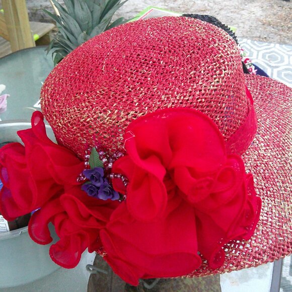 Arlin | Accessories | Vtg Arlin Red Glam Wide Rim Straw Hat Deco Side ...